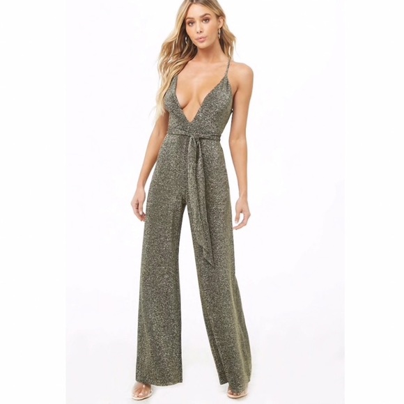 Forever 21 | Pants & Jumpsuits | F2 Glitter Metallic Plunge V Tie Waist ...